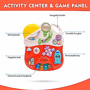 Baby Walker Sit-to-Stand Learning Walker Kids Activity Center Entertainment Table Lights & Sounds & Music & Rotating Gear & Rocket Rattle & Steering Wheel Educational Push Toy for Babies Toddlers(Red)