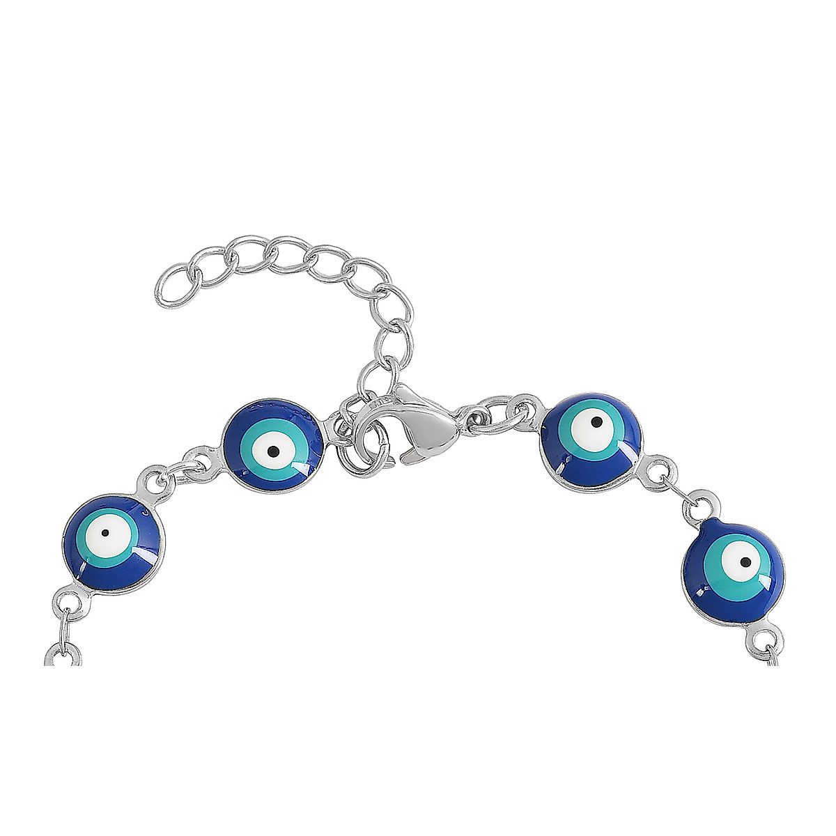 Edforce Stainless Steel Women's Charm Bracelet Green | Gold Enamel Evil Eye Protection Link Chain Adjustable, 8" (Aqua, Silver-and-Stainless-Steel)