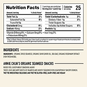 Annie Chun's - Crispy Organic Seaweed, Sea Salt Flavor, Keto, Vegan, Gluten-Free, Dairy-Free, Light And Airy Delicious Snacks, 0.16-Oz (Pack Of 12)