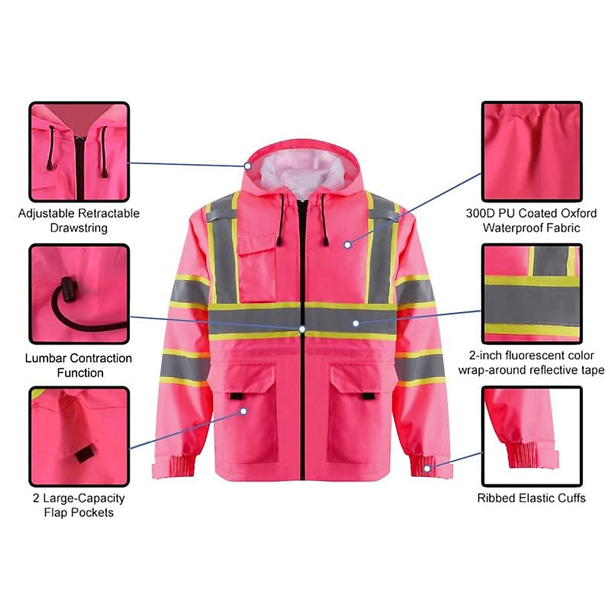 ZUJA High Visibility Bomber Safety Jacket ANSI Class 3 Reflective Jacket Pocket and Zipper Reflective Hoodie Windproof Hi Vis Rain Jacket for Men & Women (Pink, M)