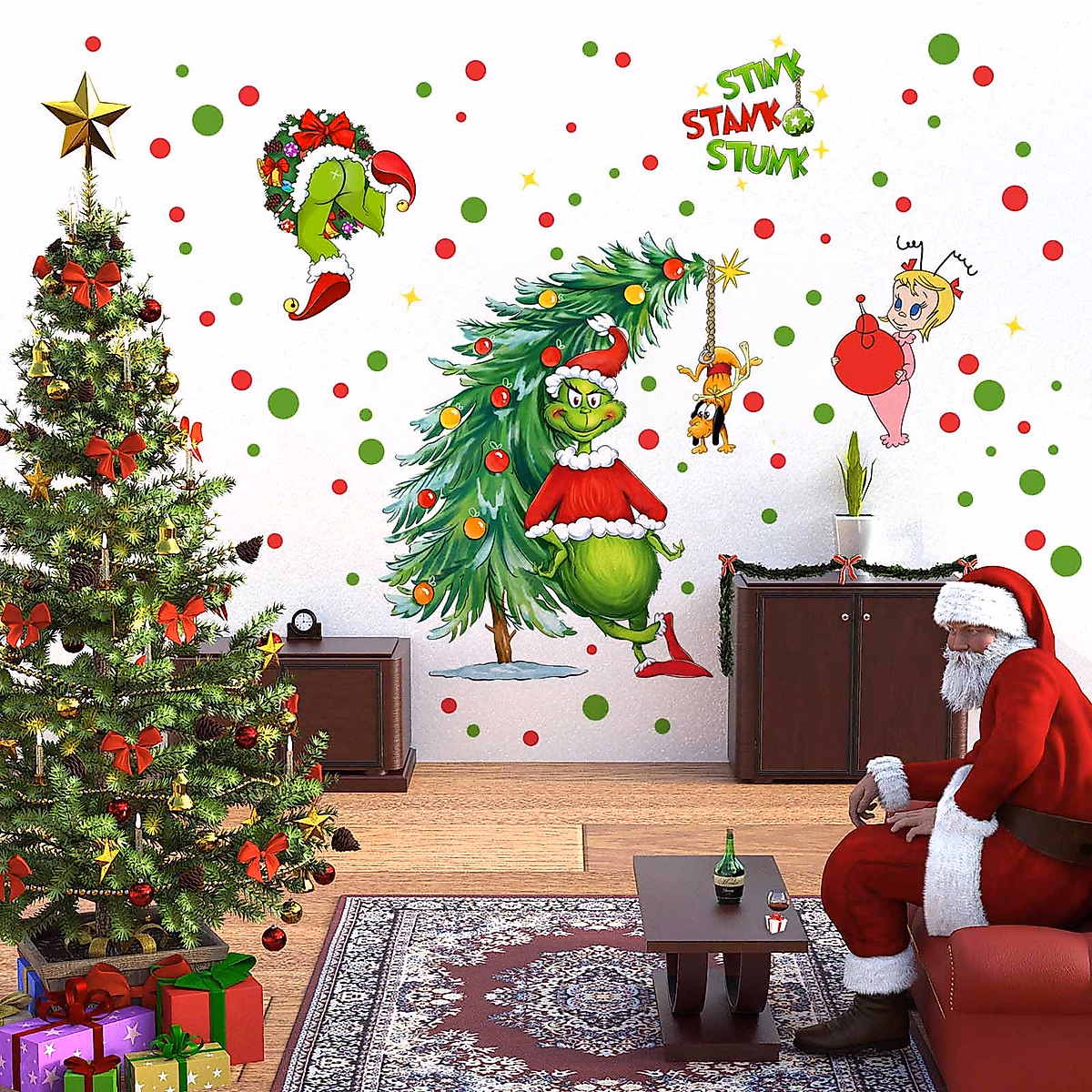 Merry Christmas Wall Decals Stickers Christmas Grińch Wall Decor Reusable 3D Self-Adhesive Holiday Wall Stickers Christmas Party Decorations Home Kitchen Living Room Wall Art Decor 2 Large Sheets