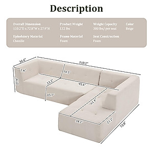 Olodumare 110.2" Minimalist Modular Sectional Sofa Cloud Couch, Modular 2 Pieces Deep Seat Couch for Living Room, Upholstered 4-Seater L-Shaped Sofa with Chaise for Bedroom,Office,Chenille (Beige)