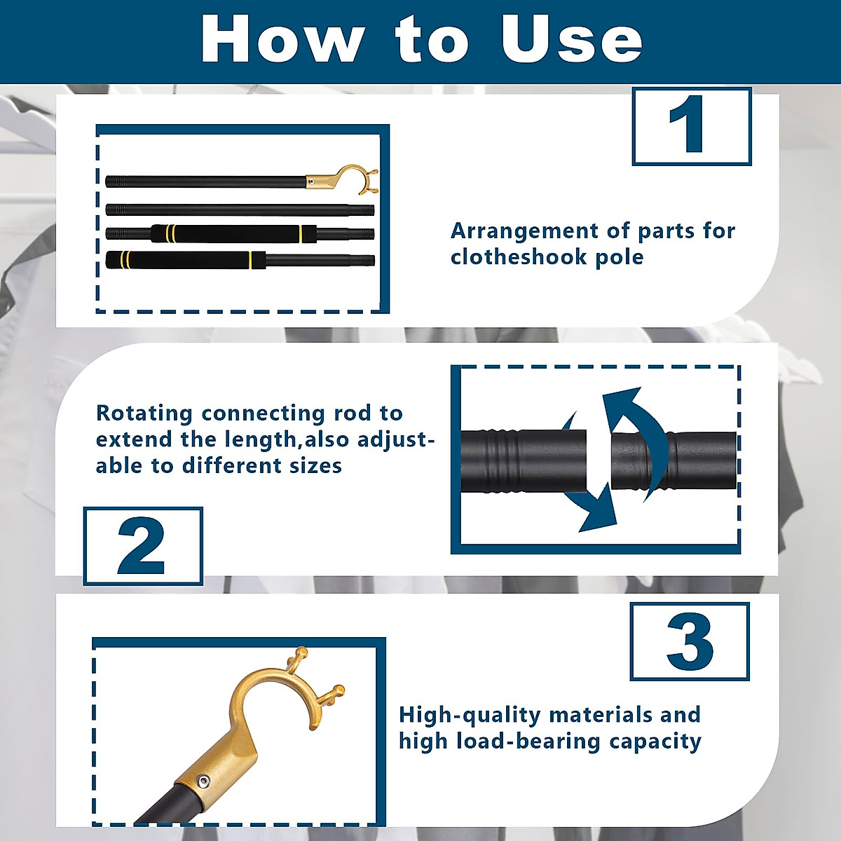Greeily High Reach Garment Hook, 31" to 61" Clothing Hook Pole for Hanging Clothes Closet Bird Feeder Flowerpot Plants and Christmas Light Adjustment Extra Long with Sponge Handle (Yellow Head)