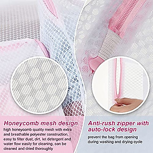 5 Pack Honeycomb Mesh Laundry Bag with Handle Delicate Bag for Washing Machine Large Opening Side Widening Zippered Mesh Bag Lingerie Bag for Sock Bra Baby Items Travel Garment, 3 Sizes (Pink)