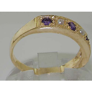 LetsBuyGold Solid 10k .417 Yellow Gold Cultured Pearl and Amethyst Womens Band Ring - Sizes 4 to 12 Available