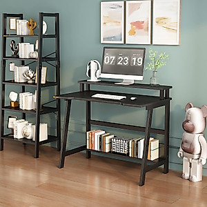 YQ JENMW 31.5 Inch Small Desk, Small Computer Desk for Small Spaces, Modern Writing Table with Monitor Storage Shelf, Compact Laptop Desk for Home Office and Study, Black