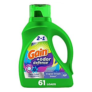 Gain + Odor Defense Liquid Laundry Detergent, Super Fresh Blast Scent, 88 Oz, 61 Loads, HE Compatible