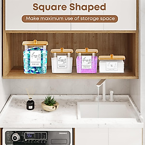COAZEX 4 Pack Clear Laundry Pods Container & Dryer Sheet Holder, Plastic Square Laundry Room Organization and Storage Jars with Lids, Scoops & Labels for Detergent, Powder, Dryer Balls, Beads