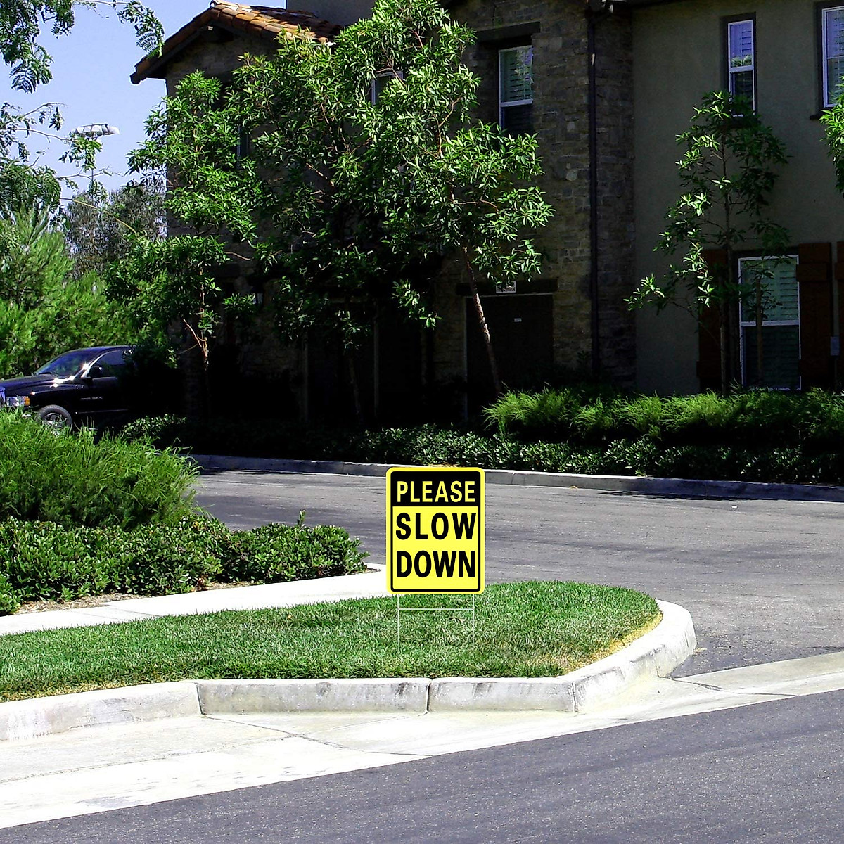 Kichwit 2 Pack Double Sided Please Slow Down Sign Plastic Yard Signs with Metal Stakes, Sign Measures 11.8 x 15.7 Inches