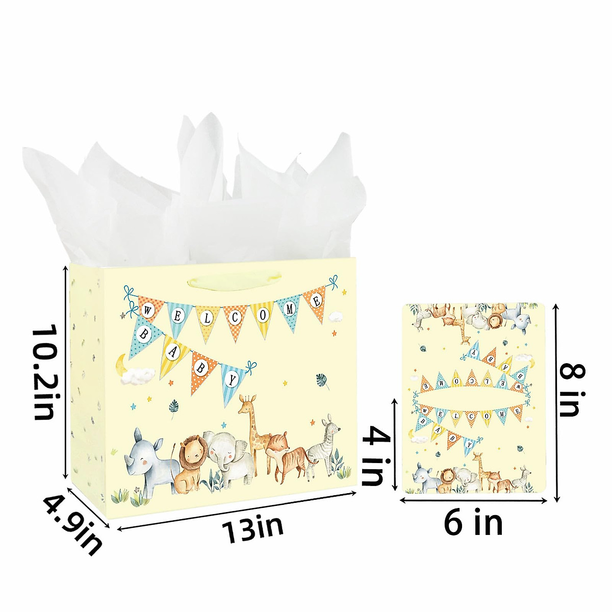 13" Large Baby Boy Girl Gift Bag for Baby Shower with Tissue Paper and Greeting Card (Yellow)