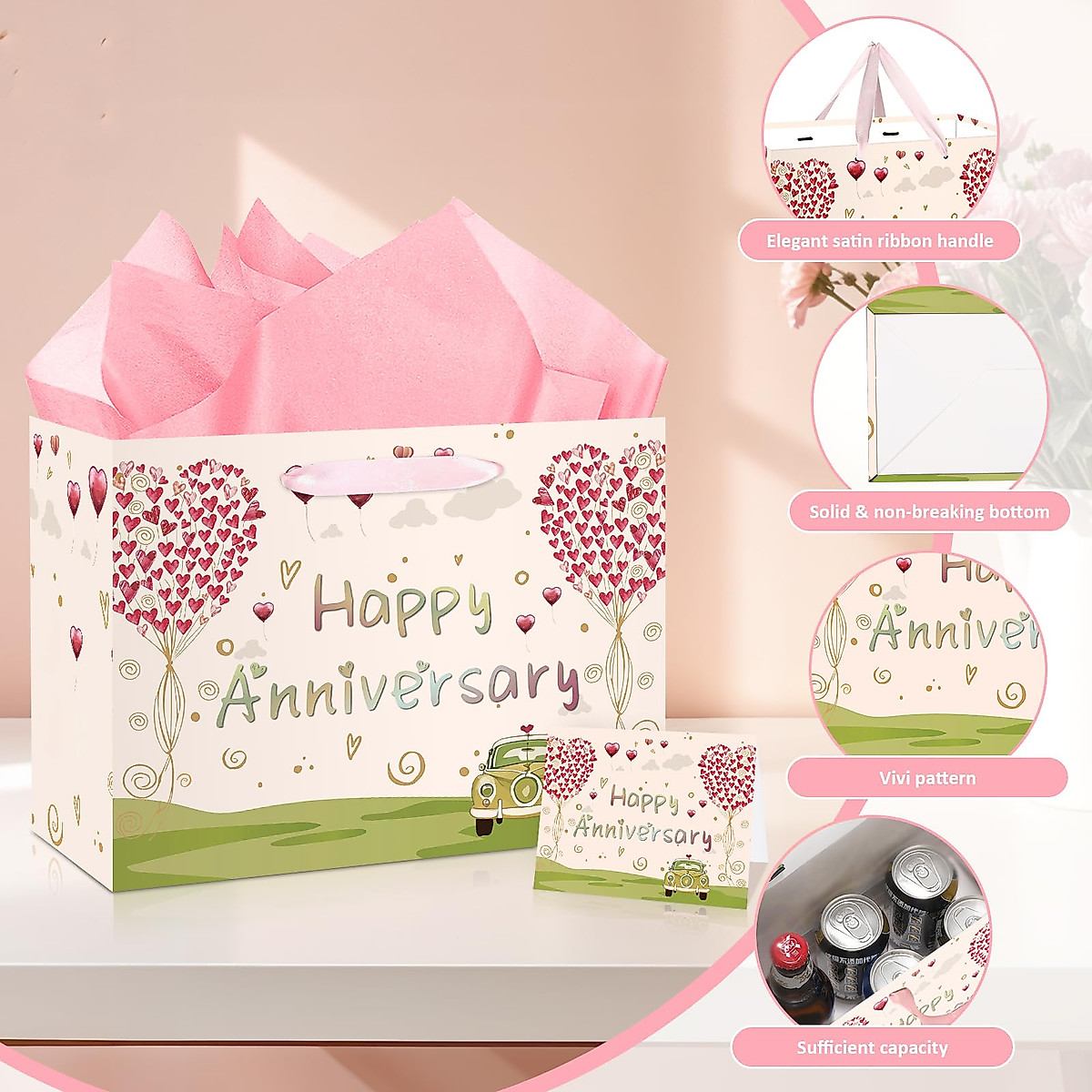 RUMIA Anniversary Party Gift Bag Wedding Anniversary Wrapping Paper Bag with Tissue Paper Greeting Card Happy Anniversary Party Gift Wrap for Women Wife Christmas Wedding Anniversary Party Supplies