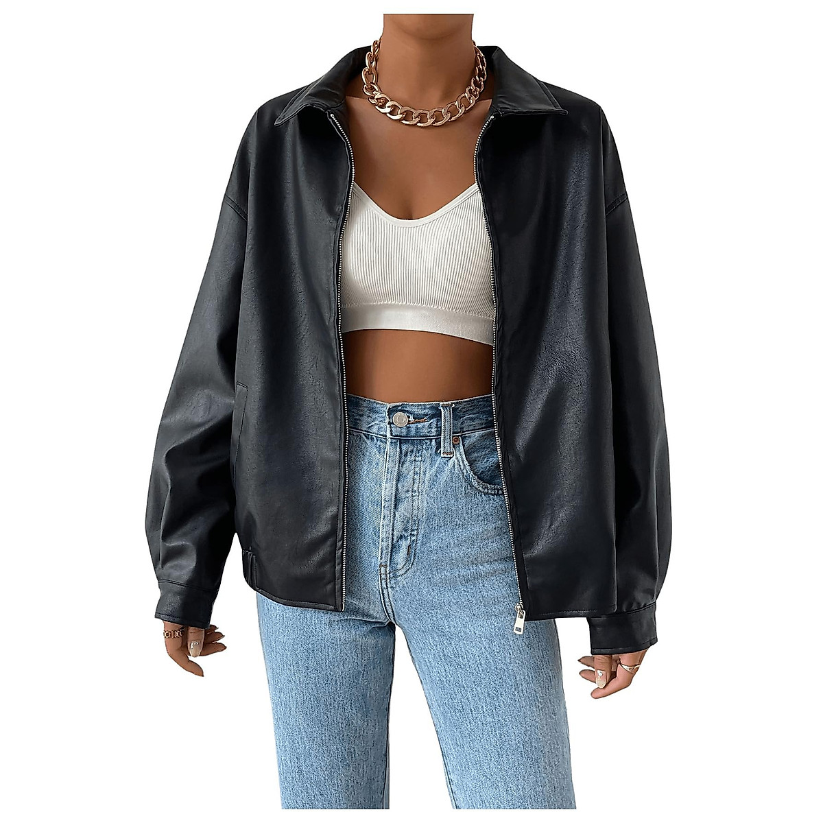 MakeMeChic Women's Faux Leather Shacket Long Sleeve Zip Up Motorcycle Jacket Biker Coat Zip Black S