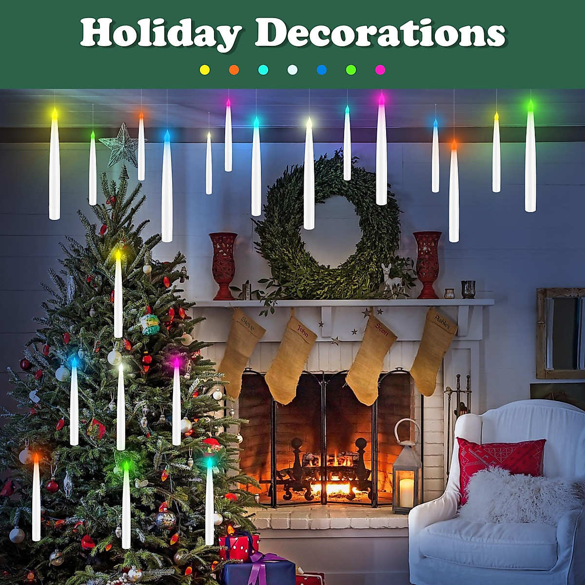 Color Changing Floating Candles with Magic Wand Remote, Christmas Decorations Magical Hanging Candles, 12Pcs Flameless Taper Candle with Multi-Color Battery Operated Window Candles for Christmas Decor