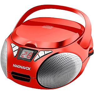 Magnavox MD6924 Portable Top Loading CD Boombox with AM/FM Stereo Radio in Black | CD-R/CD-RW Compatible | LED Display | AUX Port Supported | Programmable CD Player | (Red)