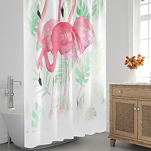 Aglebo Watercolor Flamingo Tropic Leaves Shower Curtain Fabric Shower Curtain Set with 12 Hooks Water-Proof 72 * 72 Inches for Bathroom Beach Caravan Hotel