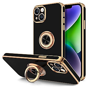 Hython Case for iPhone 14 Plus Case with Ring Stand [360° Rotatable Ring Holder Magnetic Kickstand] [Support Car Mount] Plated Gold Edge Soft TPU Luxury Shockproof Protective Phone Case Cover, Black