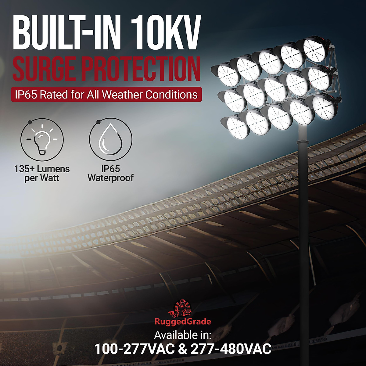 RuggedGrade 277-480V - 500W StadiumPro III LED Stadium Lights - 66,500 Lumen - 5000K - 30 Degree - Slip Fit