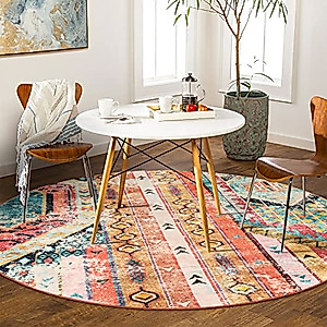 Wonnitar Machine Washable Round Area Rug 6ft - Southwestern Ultra-Thin Large Round Rug for Bedroom,Non-Slip Soft Living Room Circle Mat,Boho Non-Shed Carpet for Laundry Nursery Dining Room