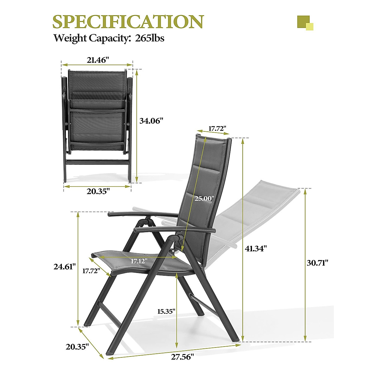 Crestlive Products Folding Patio Chairs Set of 4, Aluminium Outdoor Folding Chairs with Soft Cotton-Padded Seat,Adjustable High Backrest for Camping, Garden, Backyard