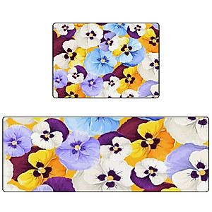 Kitchen Rugs and Mats Set of 2 Pieces Anti Fatigue Standing Mat Colorful Pansy Flowers Non Slip Washable Comfort Flooring Carpet Runner for Kitchen Home