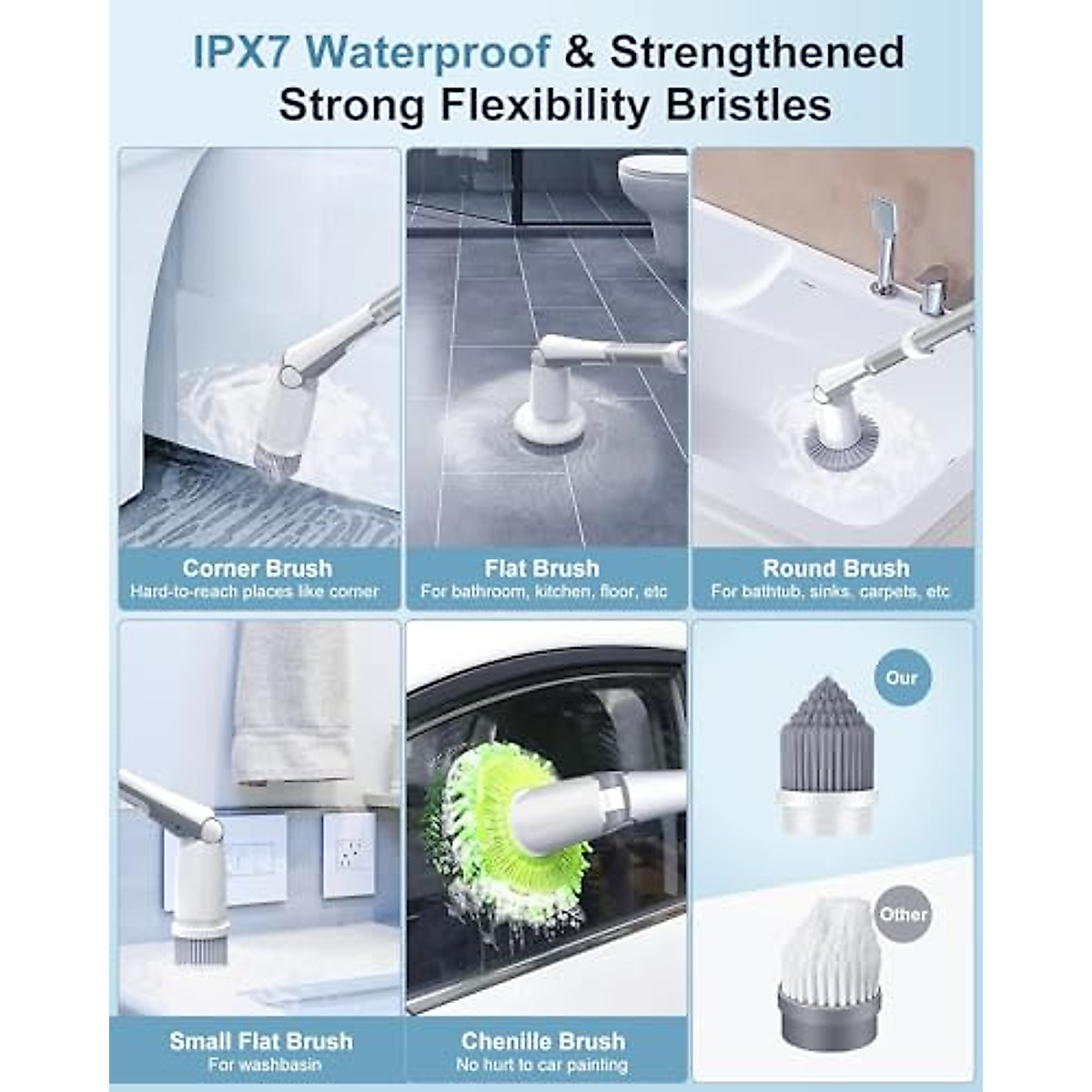 600RPM Electric Spin Scrubber, BIUBLE Cordless Cleaning Brush with Adjustable Long Handle, 5 Upgrade Replaceable Brush Heads & Velcro, Bathroom Shower Cleaning Scrubber for Bathtub Grout Tile Floor