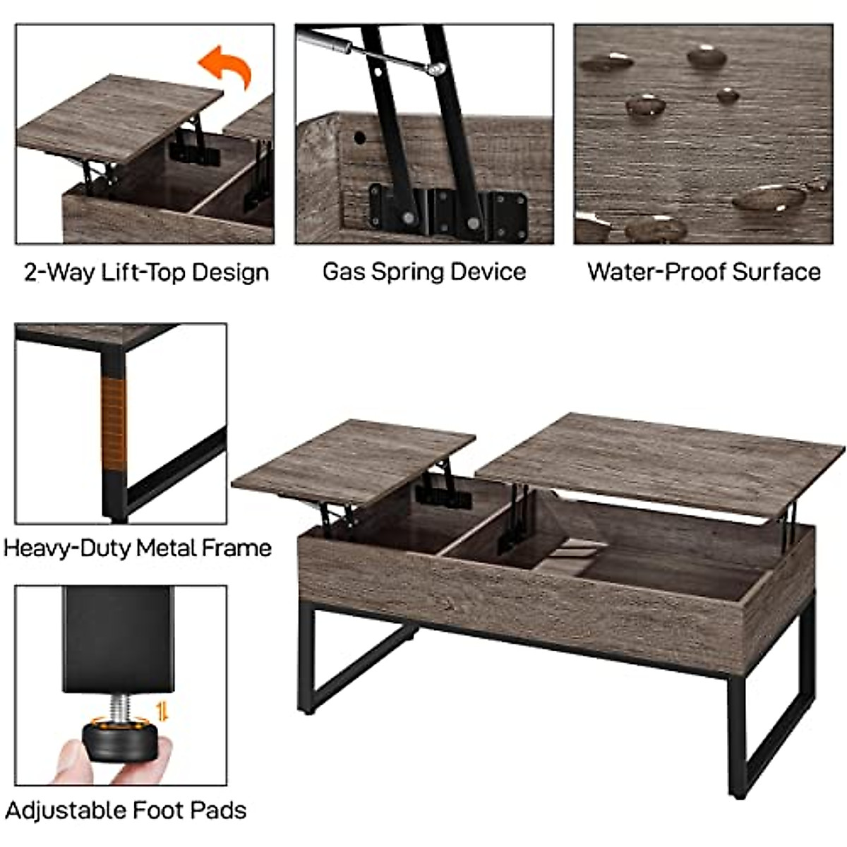 Yaheetech Lift Top Coffee Table with Storage, Industrial Lift up Living Room Table with Metal Frame, Wood Coffee Table for Living Room & Office , Taupe Wood