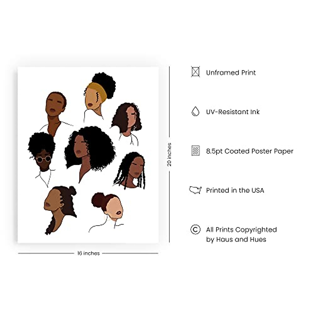 HAUS AND HUES Black Girl Wall Art & Hair Posters for Women - Black Women Art & African American Posters, Black Woman & African Art Pictures Women of Color Black Hairstyle Collage (Unframed 16x20)