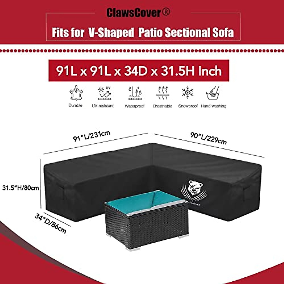 Waterproof Outdoor Patio V-Shaped Sectional Sofa Couch Covers,Heavy Duty Wicker Rattan Furniture Set Cover,UV-Resistant Durable Polyester Cloth,Air Vent,6 Windproof Strap,91L/91Lx34Dx31H Inch
