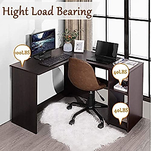 FurnitureR Computer Desk with Bookshelf Industrial Style Study Table Computer Gaming Desk with Storage, Wooden L-Shaped Corner Desk Save Space for Home Office, Brown