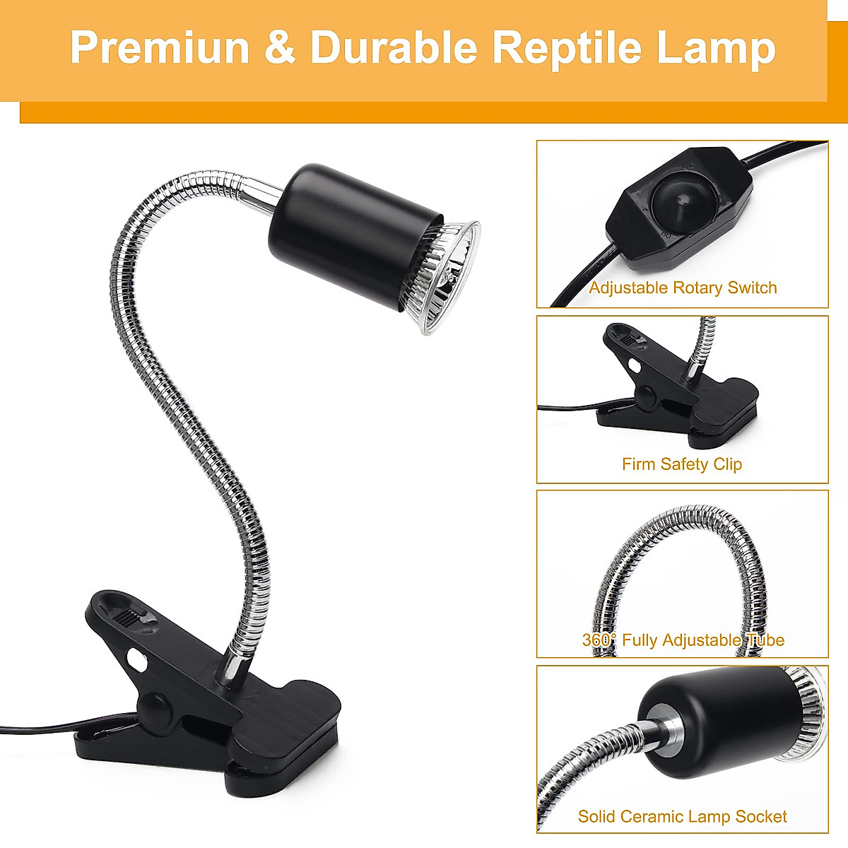 Catcan 50W Reptile Heat Lamps, UVA UVB Reptile Light with 2 Heat Bulbs, 360°Rotatable Clips Adjustable Switch Heat Lamp for Turtle Lizard Snake Aquarium Amphibian Yellow Light
