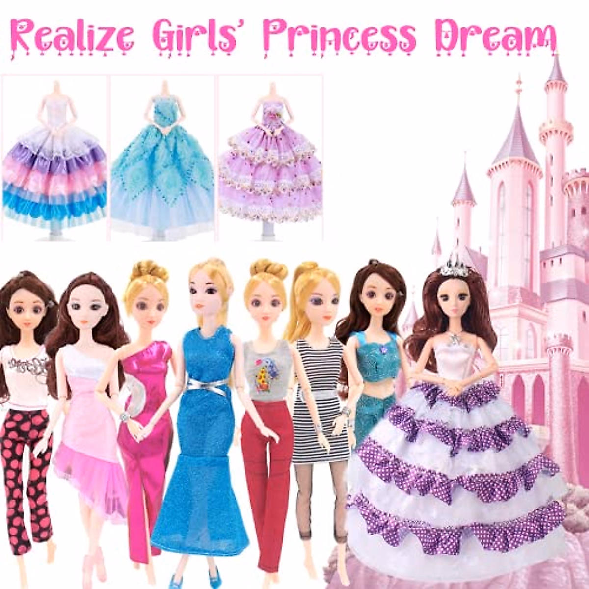 50 Pcs Doll Clothes Outfit for 11.5 Inch Doll, Doll Accessories Collection with 3 Princess Dresses+10 Dressest+6 Tops+6 Pants+5 Bikinis+5 Accessories+5 Bags+10 Shoes(Random Style)