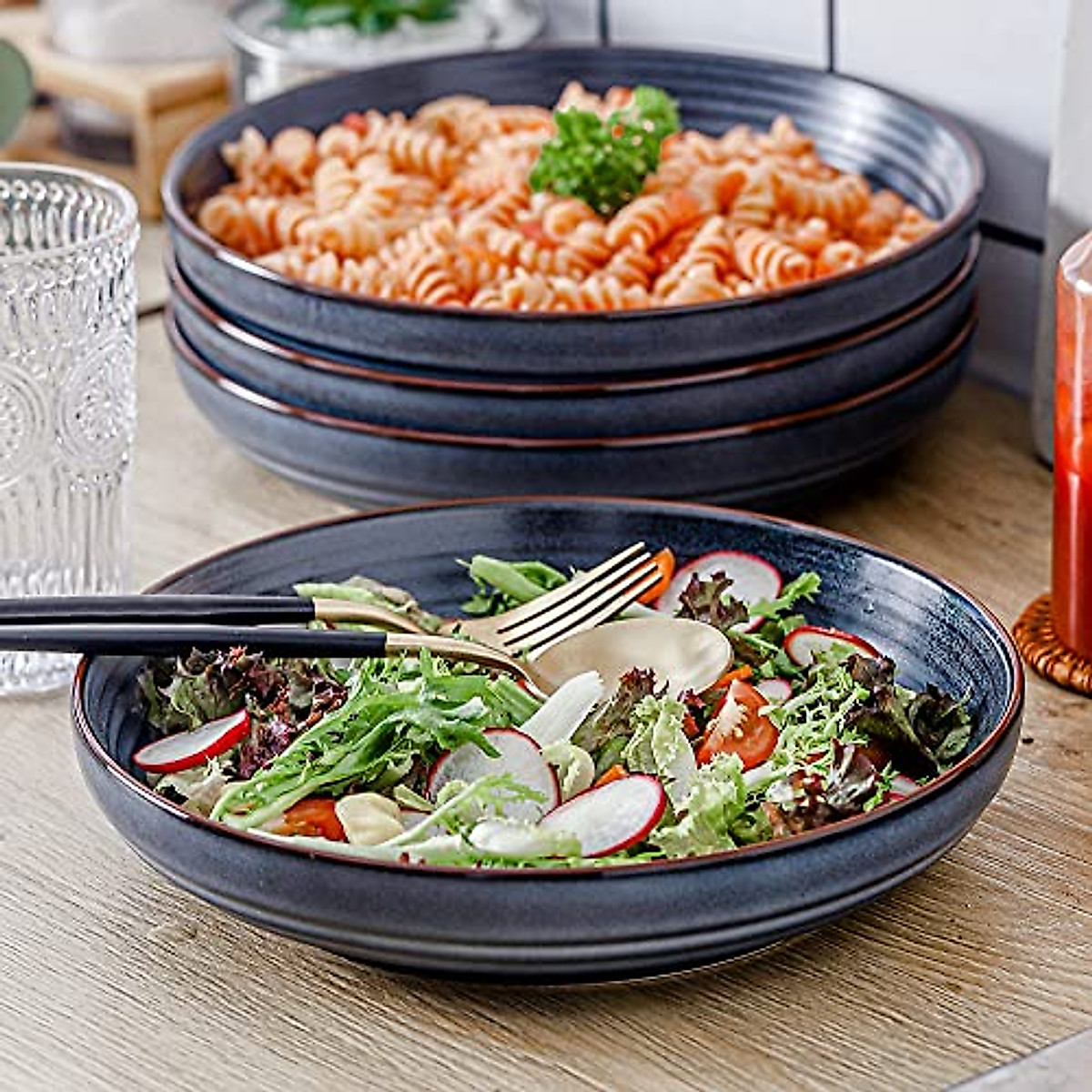 HVH 9.2 inch Large Pasta Bowls Set of 4, 40oz Big Salad Bowl Set of 4, Ceramic Plates Set, Shallow Bowls, Ceramic Bowls Set Microwave and Dishwasher Safe, Farmhouse Style (Black)