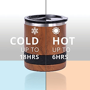 Elemental Recess Lowball Tumbler, 10oz Triple Wall Stainless Steel Cup with Non-Shattered Tritan Lid, Insulated Whiskey Glass, Insulated Coffee Tumbler Mug for Hot & Cold Drinks - Teak Wood