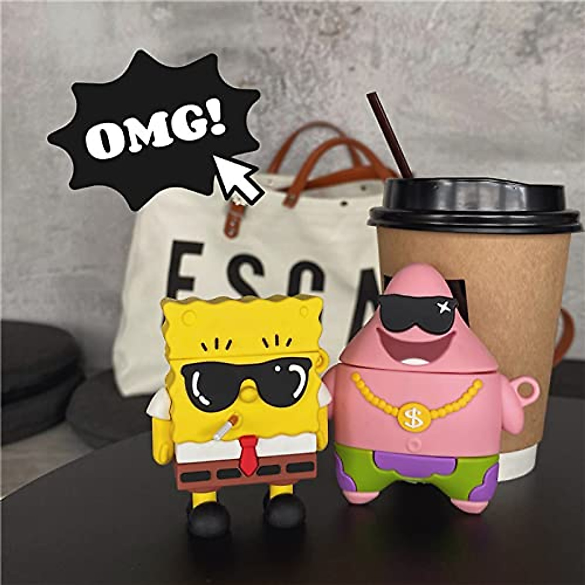 Airpods Case 3D Cute and Funny Anime Characters Cool Spongebob Squarepants and The Rich and Famous Patrick Star Advanced Soft Silicone Airpods Case (2pcs)