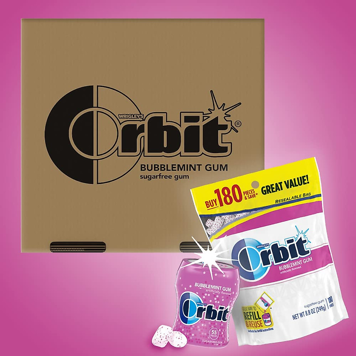 ORBIT Bubblemint Sugar Free Chewing Gum Bulk Pack, 2 Pack - 180 Piece Bag & 2 Pack - 55 Piece Bottle