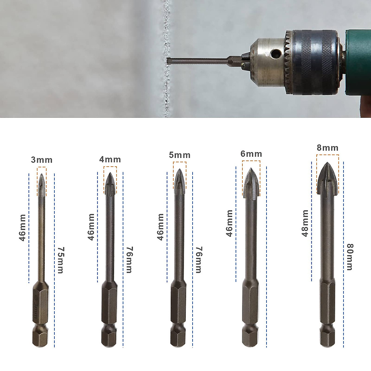 Micro Traders 5pcs Tile Drill Bits with Hex Shank Glass Concrete Drill Bit Set Masonry Drill Bits for Brick Tile Plastic and Wood 3mm 4mm 5mm 6mm 8mm