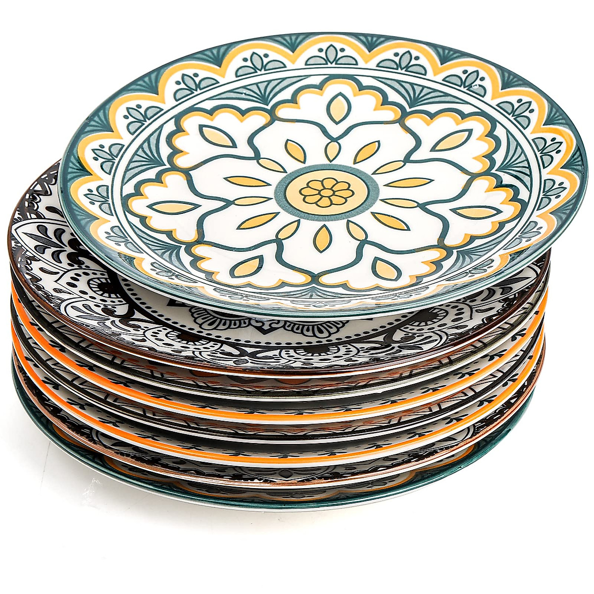 Foraineam 8 Pieces Salad Plates, 8.5 Inch Porcelain Floral Dessert Plates, Colorful Round Lunch Plate Sets for Appetizer Salad Fruit Snack, Dishwasher and Microwave Safe