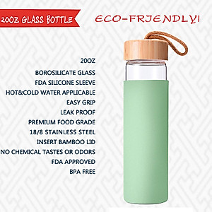 Yomious 20oz Borosilicate Glass Water Bottle with Bamboo Lid and Silicone Sleeve – Reusable BPA Free – Glass Drinking Bottle with Lids - Bundle of 2
