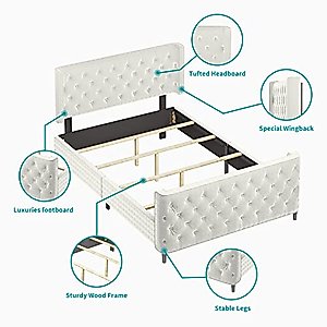 BALUS Upholstered Platform Bed Frame, Queen Size Button Tufted Bed Frame with Adjustable Headboard, Sturdy Wood Slat Support/No Box Spring Needed/Easy Assembly, Bright White