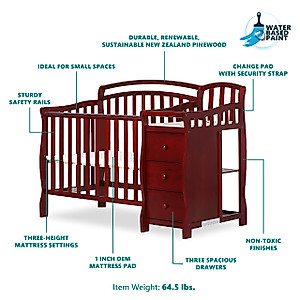 Dream On Me Casco 3-In-1 Mini Crib And Changing Table In Cherry, Convertible Crib, Made Of Pinewood, Three Position Adjustable Mattress Height Settings