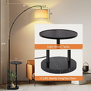 OUTON Arc Floor Lamp with Table and Marble Base, 81" Height LED Dimmable Floor Lamp with Remote & 4 Color Temperature, Tall Standing Lamp with Adjustable Hanging Drum Shade for Living Room, Bedroom