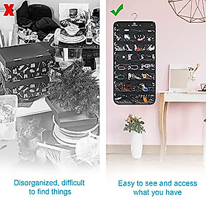 Freegrace Hanging Jewelry Organizer Revolving Hanger - Secure Zipper Closure - 50 Pockets - Foldable Storage & Display Solution - For All Jewelry & Bijoux (Black)
