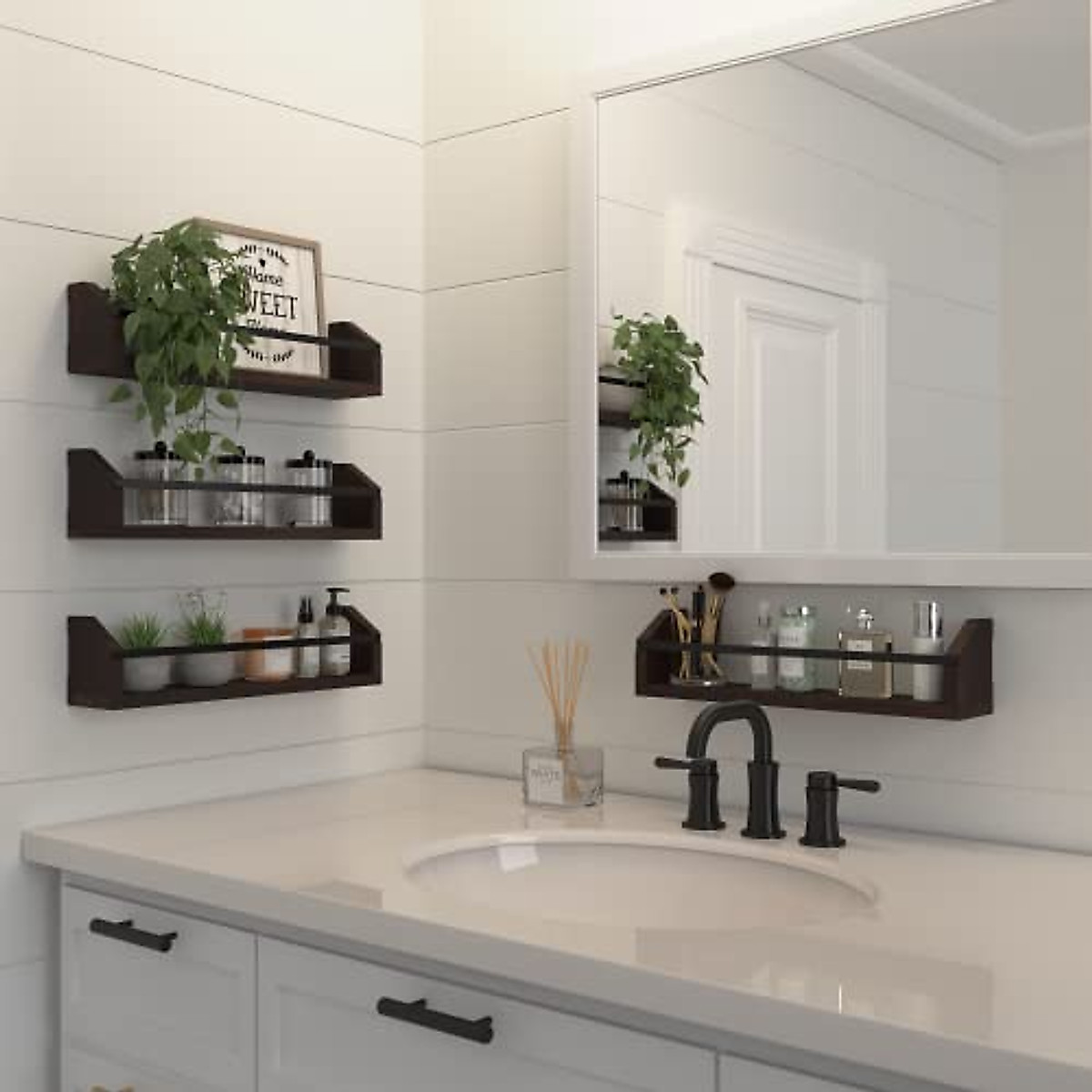 WOPITUES Floating Shelves with Protective Metal Rail, Small Bathroom Shelves Set of 4, Spice Rack Wall Mount, Wood Shelves for Kitchen, Living Room, Bedroom, Nursery Book- Dark Brown