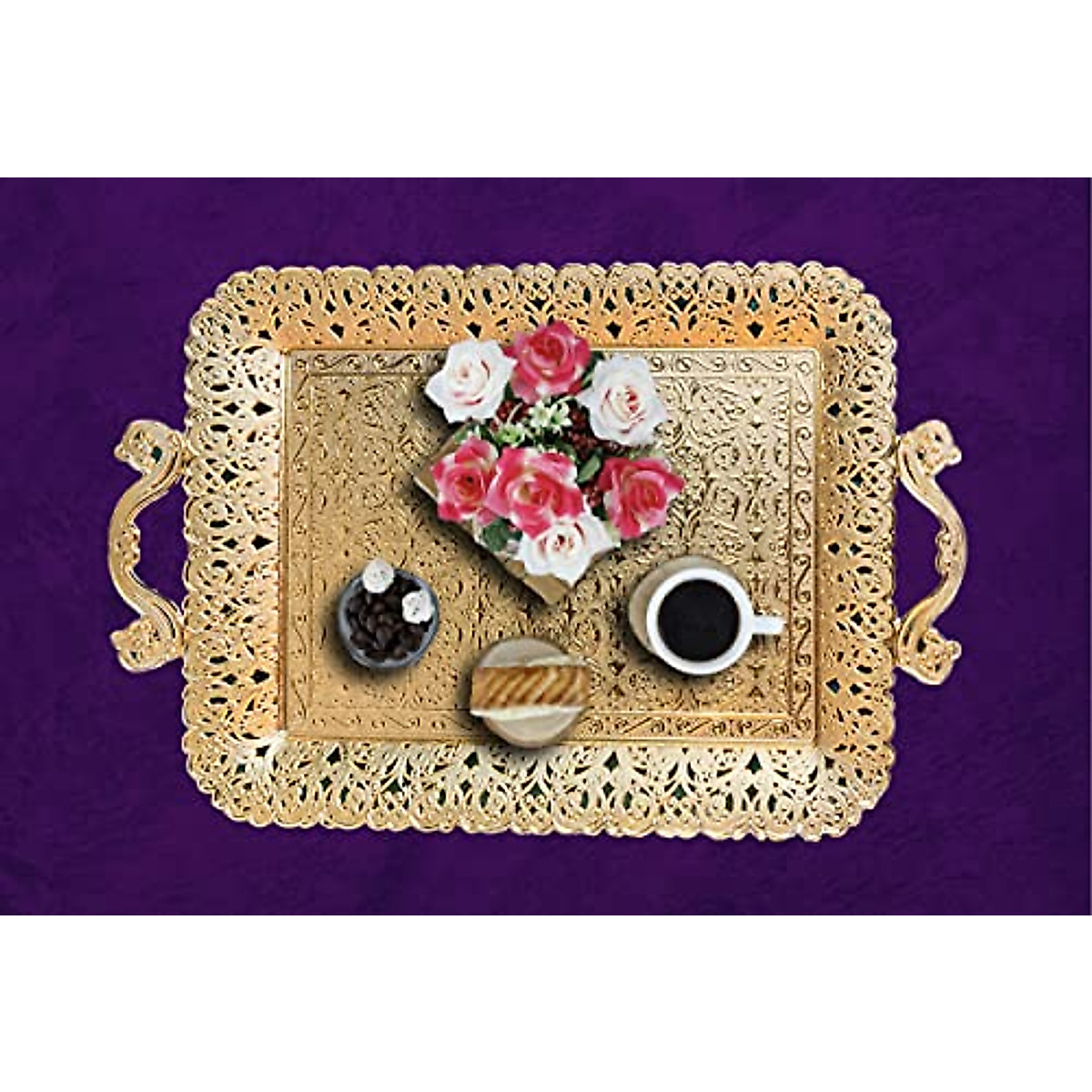 chancegift Turkish Tea Coffee Beverage Dinning Serving Tray with Handled Ottoman Motif Decorative Middle Table Drink Bathroom Rectangular Suitable for Gift (16.5x10.7x1 INC) 42x28x2cm Gold, (A2022)