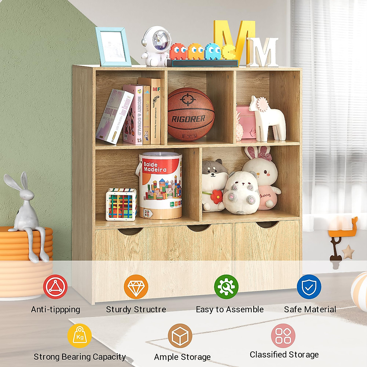 EFURDEN Toy Storage Organizer, Large Kids Bookshelf, 3 Tier Wooden Bookcase, Sturdy Baby Book Rack Storage, Toy Cabinet Chest, Child Book Display Shelf for Playing Room, Library, Nursery, Bedroom