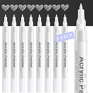 White Paint Pen Acrylic Marker: 8 Pack 0.7mm White Paint Marker for Metal, Art, Wood, Black Paper, Plastic, Ceramic, Metallic, Rock Painting, Drawing, Extra Fine Point, Ideal for Artist & Students
