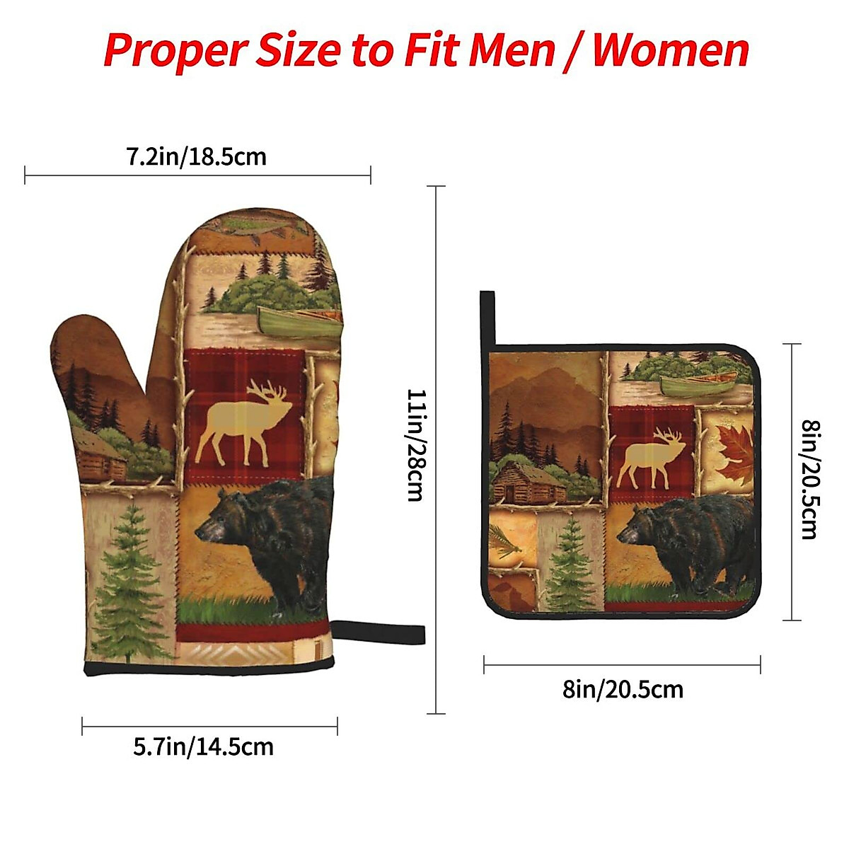 Msacrh Lodge Style Northwoods Cabin Oven Mitts and Pot Holders Sets of 4,Cotton Lining with Non-Slip Hot Pads,Heat Resistant Oven Gloves for Kitchen,Cooking,Baking,Grilling