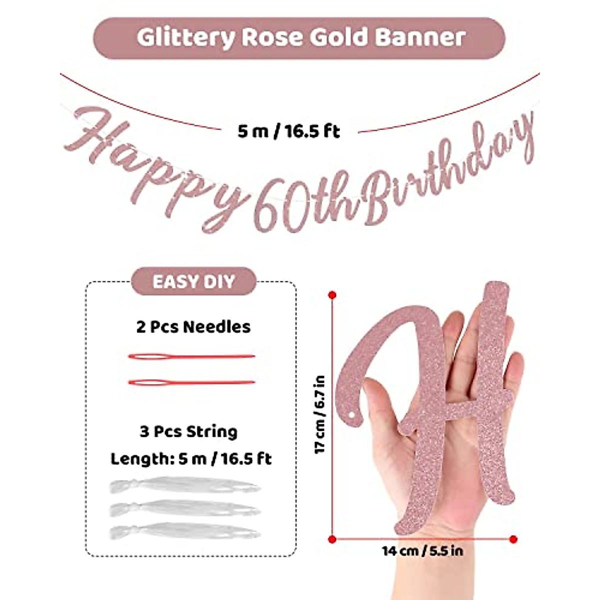 TopBashGo 102 Pcs Personalized Happy 60th Birthday Banner with Custom Name in Rose Gold Script, Bday Party Decorations Supplies Reusable Signs for Women