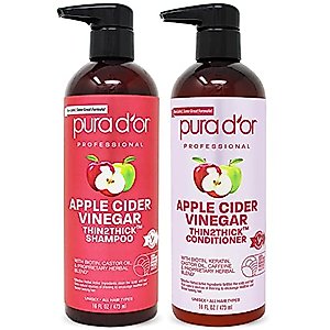 PURA D'OR Apple Cider Vinegar Thin2Thick Set (16oz x 2) ACV Shampoo & Conditioner, Clarifying, Detox - Biotin, Keratin, Caffeine, Castor Oil, Aloe - All Hair Types, Men & Women (Packaging may vary)