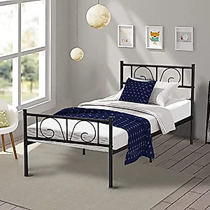 Twin Bed Frames Black for Boys Teenagers Adult, Single Platform Steel Bed Frame with Storage Girls Twin Size Beds Mattress Foundation Metal Slats Support with Headboard Footboard No Box Spring Needed